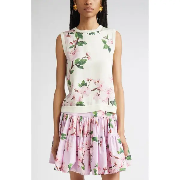 Oscar De La Renta Cherry Blossom Inset Sweater Tank - Pink/ Ecru