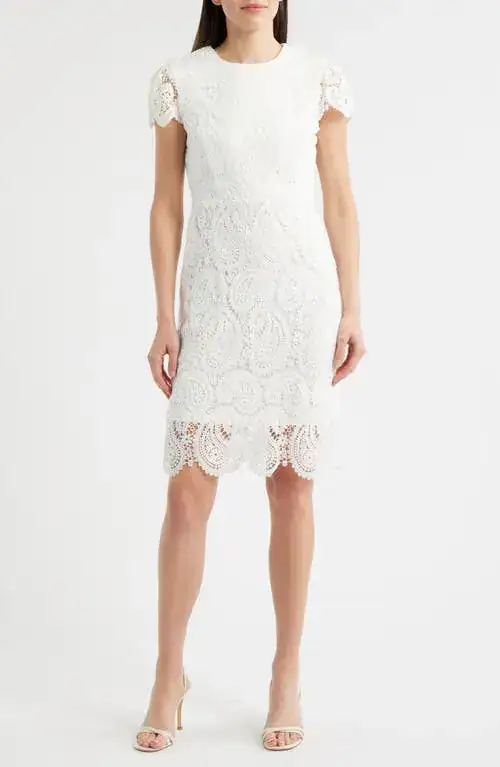 Tahari Asl Paisley Lace Cap-Sleeve Sheath Dress In White