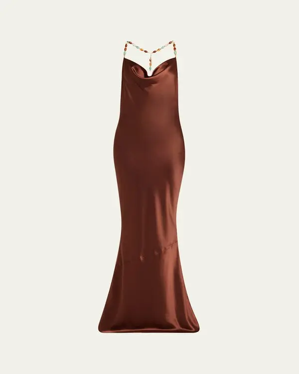 Retrofete Finley Beaded Satin Slip Gown - Chestnut