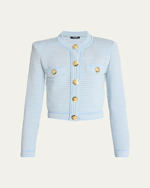 Balmain Buttoned Striped Knit Crop Cardigan - Bluewhite