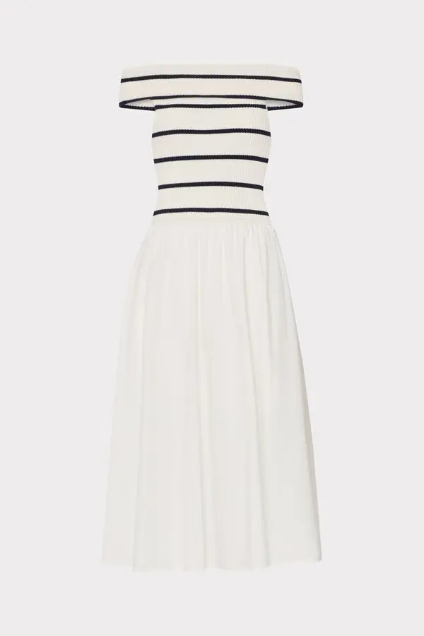 MILLY Off-the-shoulder Stripe Knit Poplin Midi Dress
