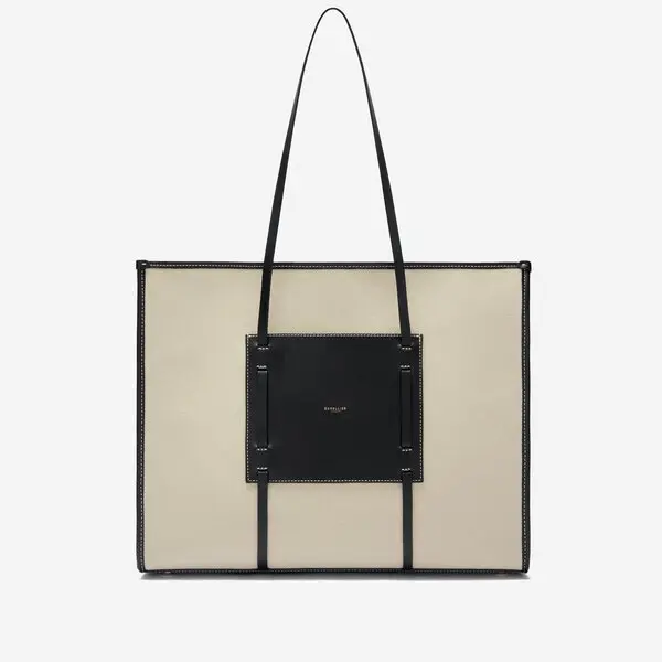 DEMELLIER Capri Raffia Tote - Salt & Pepper Canvas Black Smooth