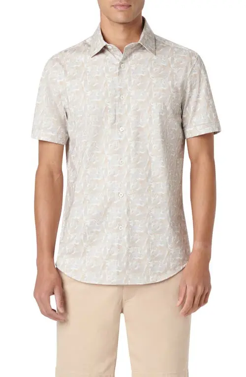 Bugatchi Miles Ooohcotton® Leaf Print Short Sleeve Button-up Shirt - Sand