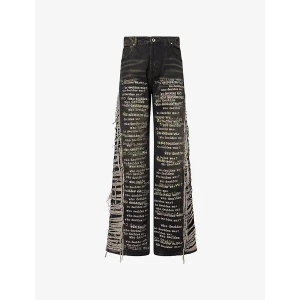 WHO DECIDES WAR BY EV BRAVADO Flare Scripture Text Embroidered Denim Jeans