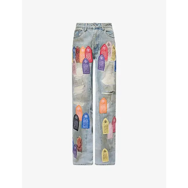 WHO DECIDES WAR BY EV BRAVADO Patch Arched Distressed Denim Jeans