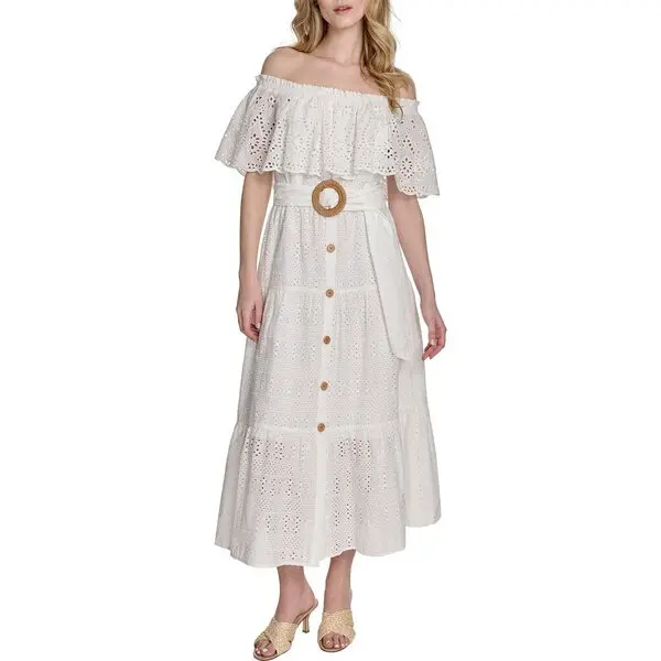 Eliza J Off-the-shoulder Eyelet Midi Dress