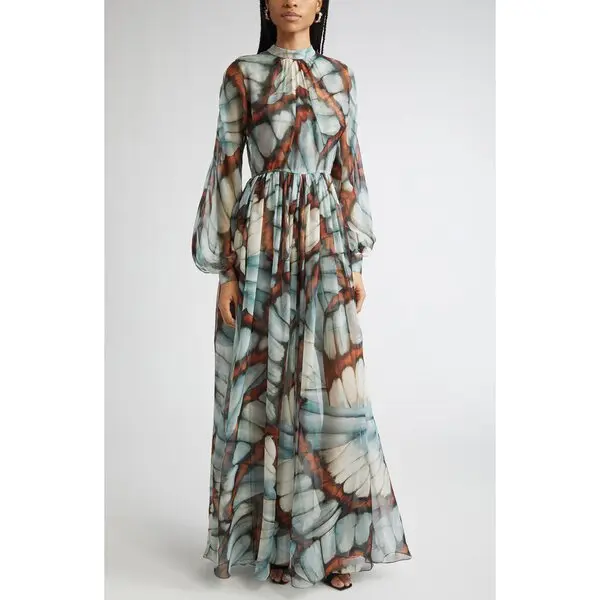 Oscar De La Renta Butterfly Print Long Sleeve Silk Chiffon Gown - Blue Multi