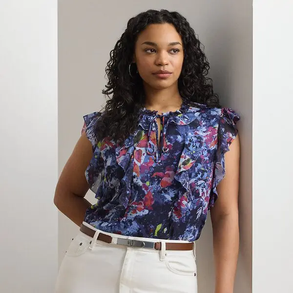 Ralph Lauren Printed Ruffle-trim Georgette Blouse
