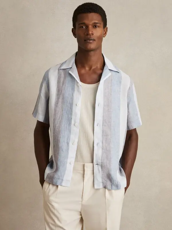 REISS Beldi Stripe Cuban Collar Shirt - Wide Stripe Blue Multi