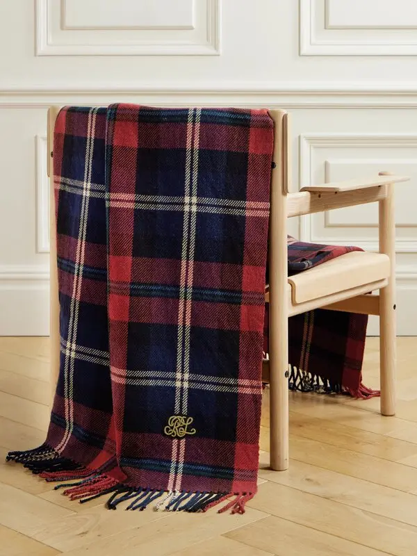 Ralph Lauren Sheffield Fringed Embroidered Checked Wool Throw