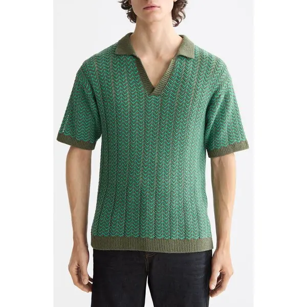 Scotch & Soda Open Knit Johnny Collar Polo Sweater - Thyme