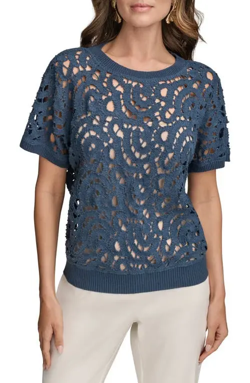 Donna Karan New York Drop Shoulder Crochet Short Sleeve Sweater - Tide Navy