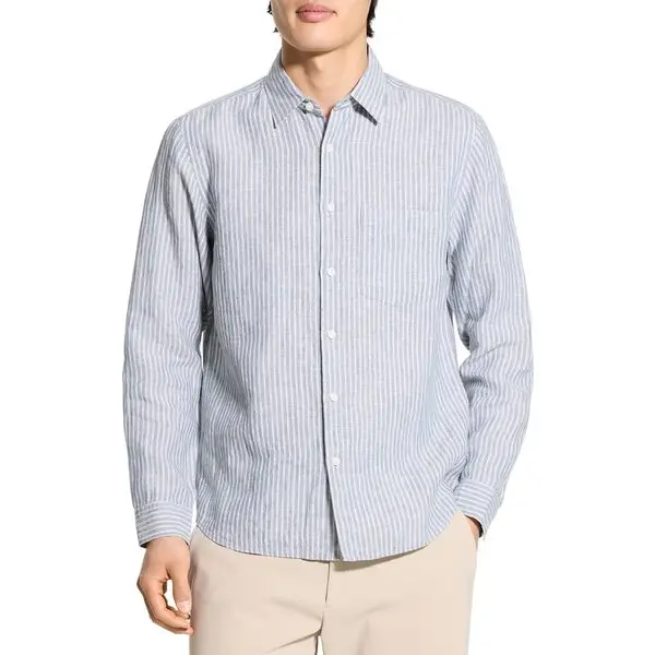 Theory Irving Slub Linen Button-up Shirt - Dark Rainstorm/ Eggshell