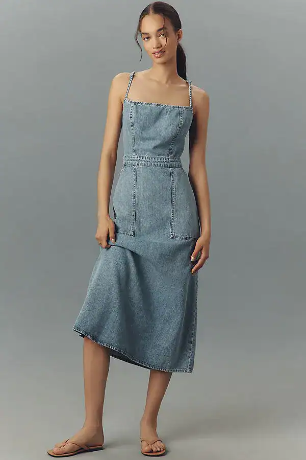 blue linen strapless dress AERO Linen-Blend Strapless Midi Dress – Bluenotes main image 1