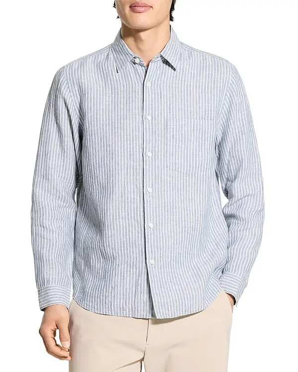 Theory Irving Long Sleeve Linen Shirt In Summer Stripe - Dark Rainstorm/eggshell