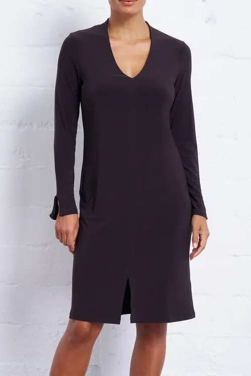 FRANNE GOLDE Luxe Stretch Long Sleeve Midi Dress - Espresso