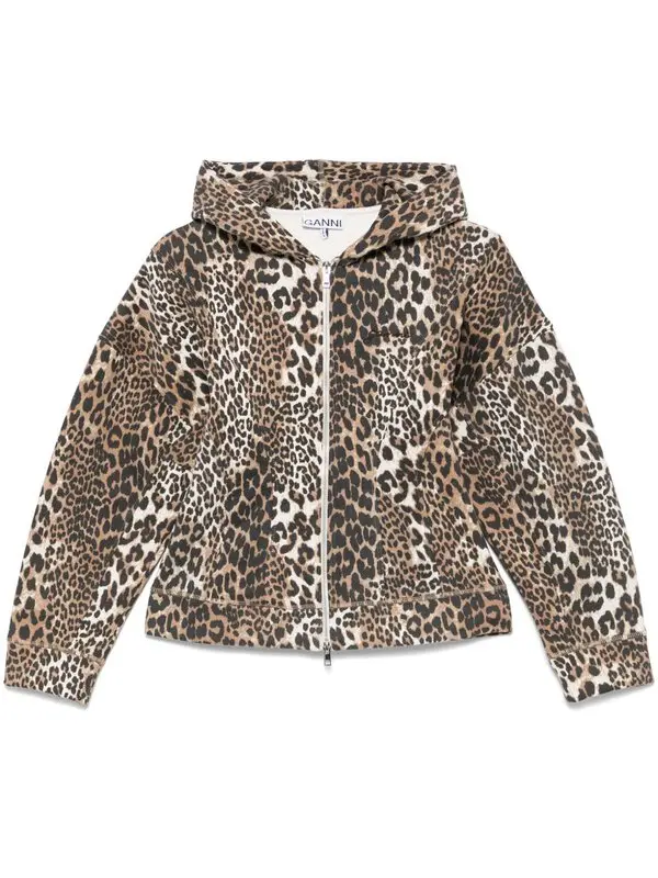 GANNI Leopard Print Organic Cotton Hoodie - Brown