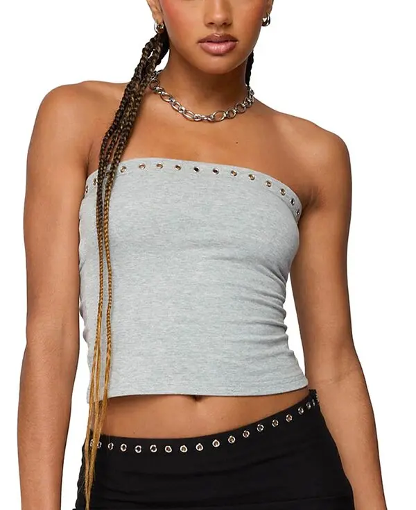 EDIKTED Grommet Tube Top With Built-in Bra - Gray-melange