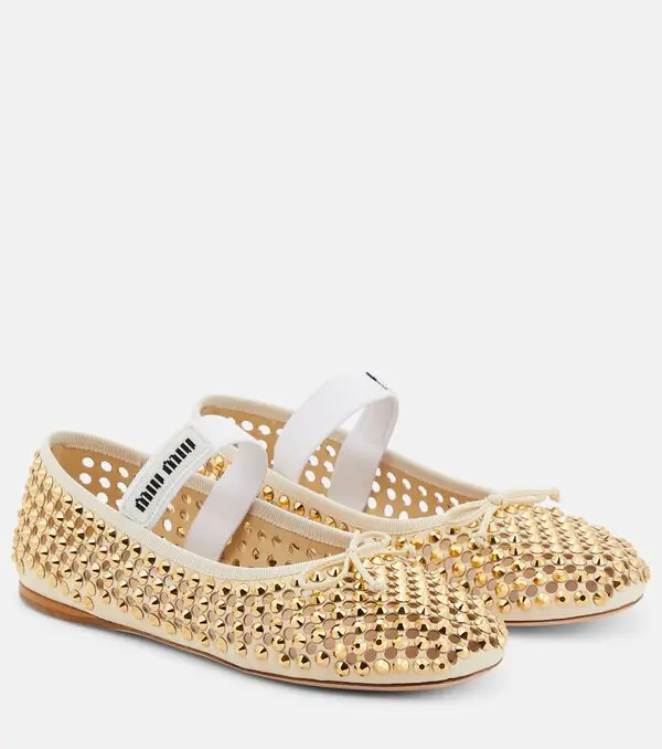 Miu Miu Crystal-embellished Leather Ballerinas - White