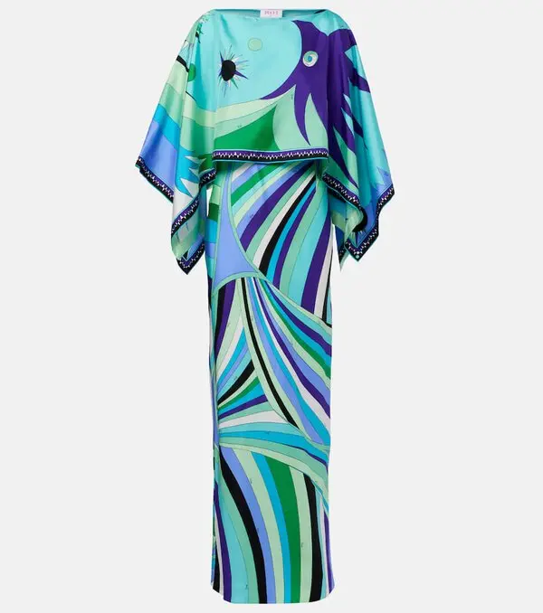 Emilio Pucci Iride Caped Silk Twill Maxi Dress - Multicoloured