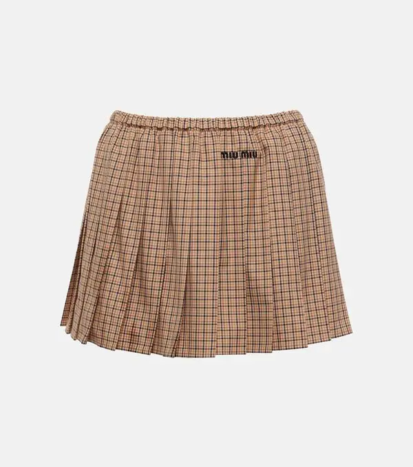 Miu Miu Logo Pleated Checked Cotton Miniskirt