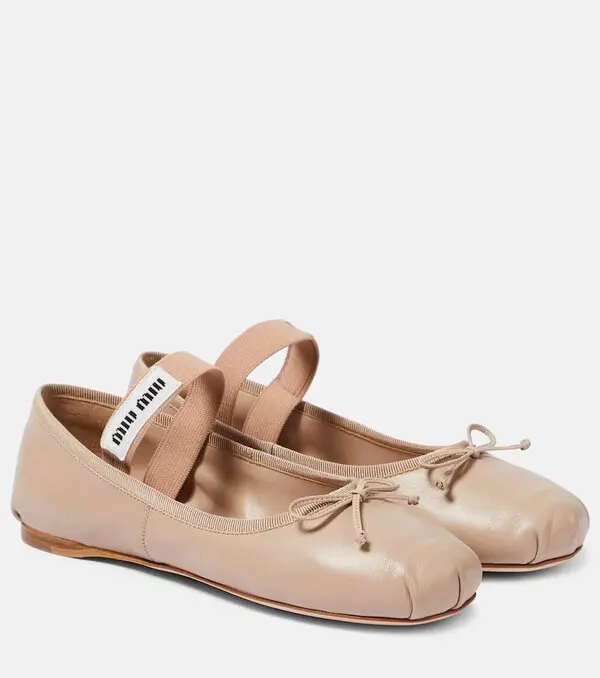 Miu Miu Logo Leather Ballet Flats - Beige