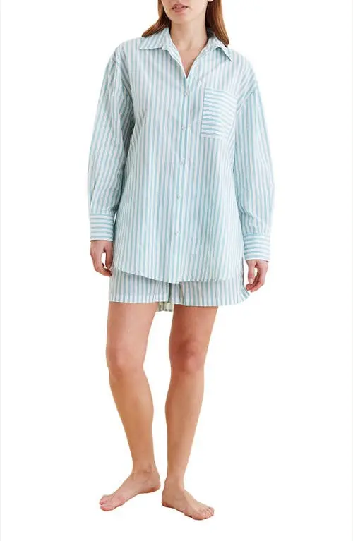 PAPINELLE Double Stripe Short Cotton Pajamas - White/ Blue Turquoise Stripe