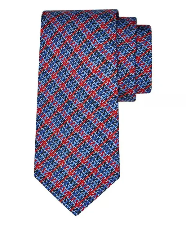 FERRAGAMO Gancini Chain-print Silk Neck Tie - Blue