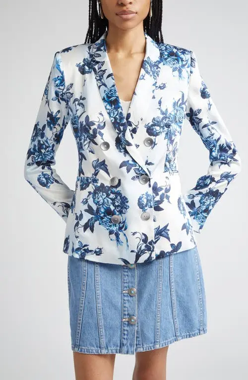 L'Agence Colin Floral Silk Blazer - White/ Blue Painterly Floral
