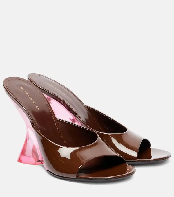 Dries Van Noten Bulle 105 Patent Leather Mules - Brown