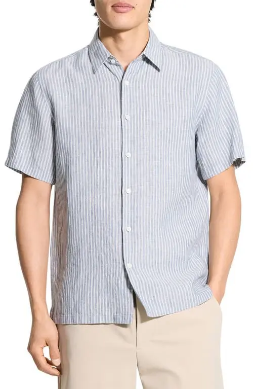 Theory Irving Stripe Short Sleeve Linen Button-up Shirt - Dark Rainstorm/ Eggshell