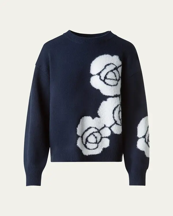 Akris 3d Anemone Intarsia Cashmere-silk Sweater - Denim-ecru