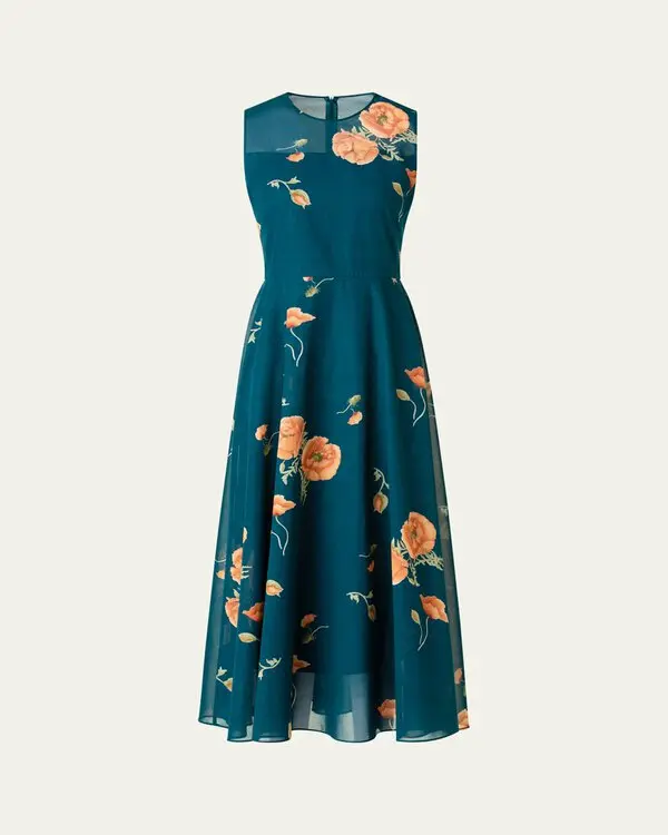 Akris Anemone Print Belted Fit-and-flare Dress - River Green-terra