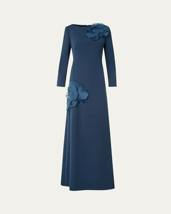 Akris Organza Anemone Corsage Long-sleeve Crepe Gown - Navy Blue