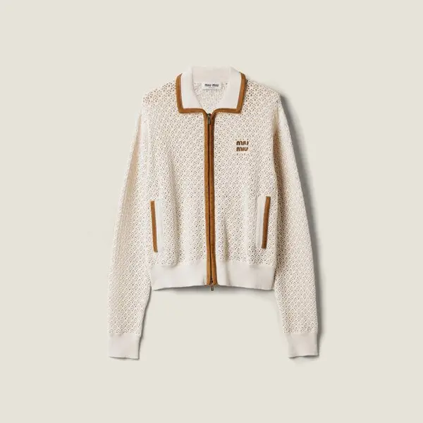 Miu Miu Cotton And Suede Cardigan - Natural