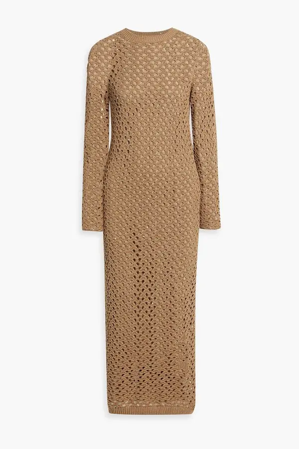 Brunello Cucinelli Open-knit Cotton, Linen, And Silk-blend Midi Dress