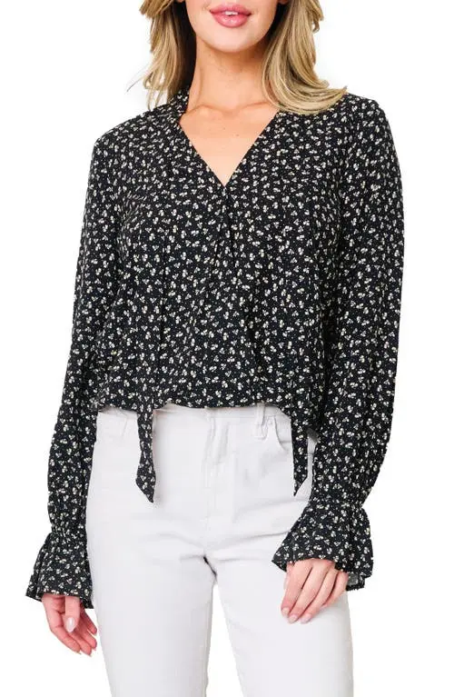 GIBSONLOOK Floral Surplice Tie Neck Top - Black Boho Floral