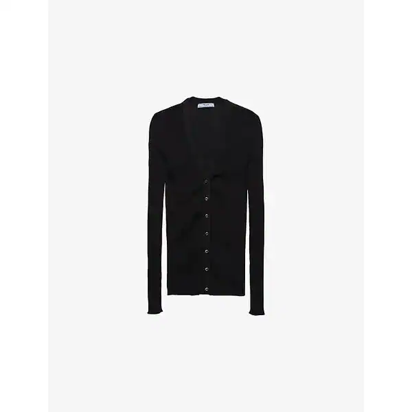 Prada Enamelled-Logo Ribbed Cotton Knit Cardigan - Black