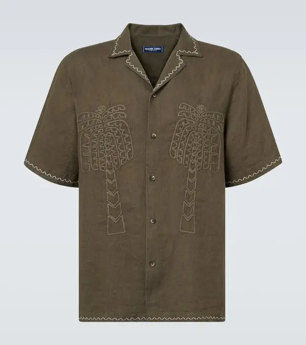 Frescobol Carioca Flavio Embroidered Linen Bowling Shirt - Green