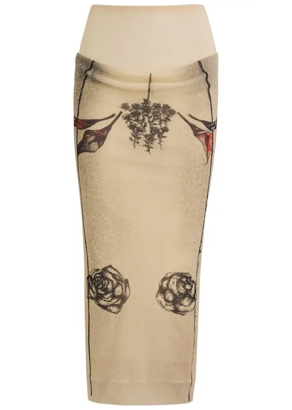 Jean Paul Gaultier Printed Sheer Stretch-tulle Midi Skirt - Ecru