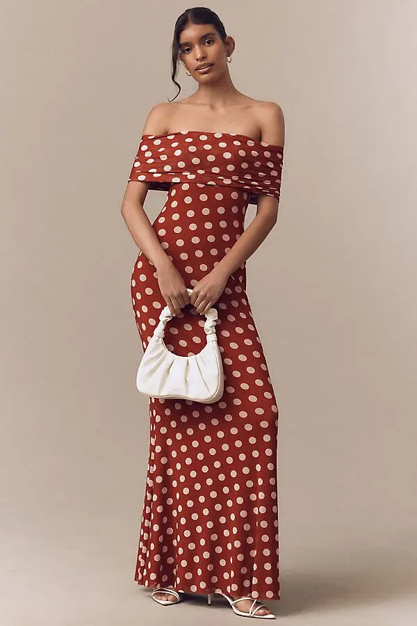 AFRM Mccall Off-the-shoulder Mesh Maxi Dress - Rust Dot