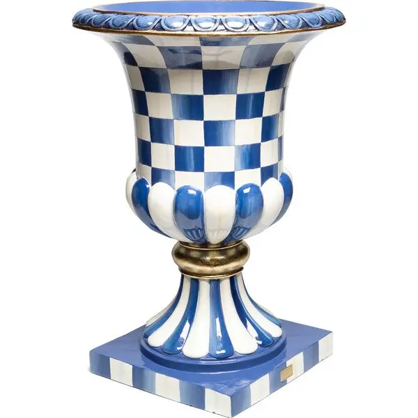 MACKENZIE-CHILDS Royal Check Pedestal Urn - Blue/ White