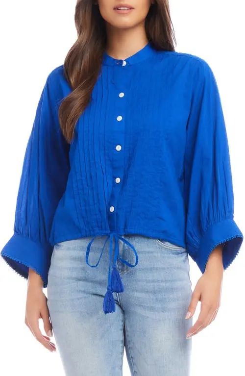 Karen Kane Pintuck Pleat Cotton Button-up Top - Blue