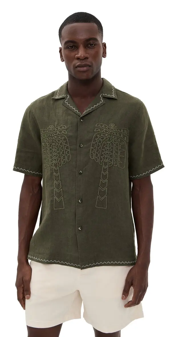 Frescobol Carioca Flavio Palmeira Embroidered Linen Shirt - Dark Olive