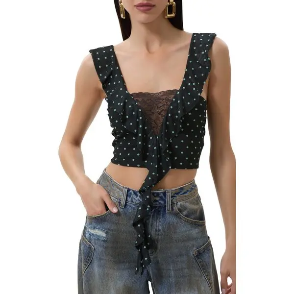 AFRM Lace Trim Ruffle Crop Top