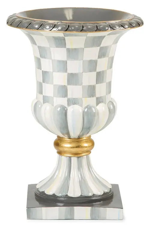 MACKENZIE-CHILDS Sterling Check Pedestal Tabletop Urn - Grey/ White