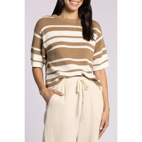 THREAD & SUPPLY Viola Stripe Short Sleeve Cotton Sweater - Ivory/ Brown