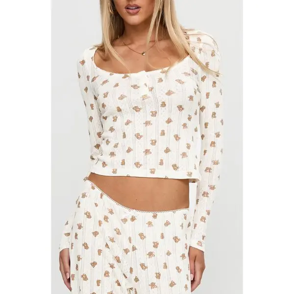 Princess Polly Pointelle Crop Top With Teddy Bear Print
