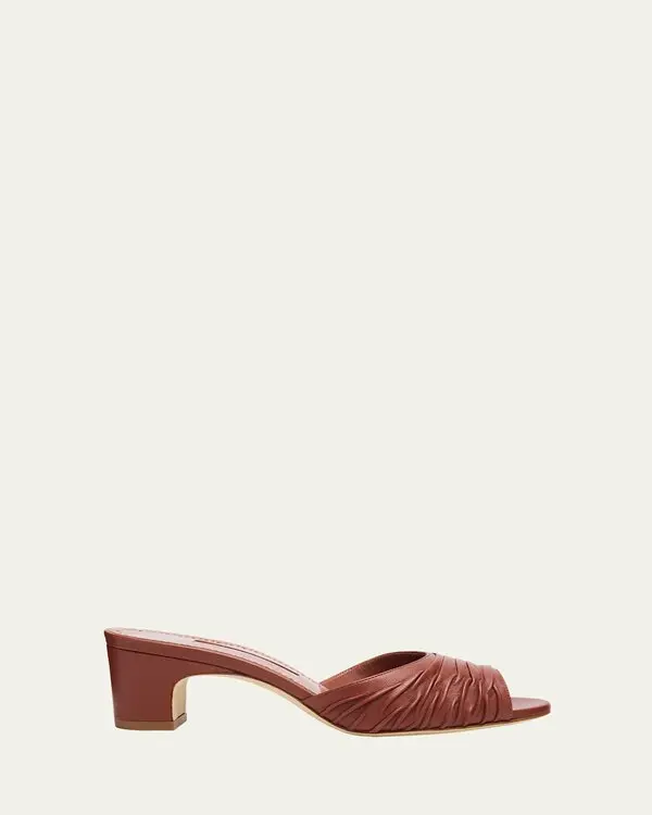 Manolo Blahnik Ruched Leather Slide Sandals - Medium Brown