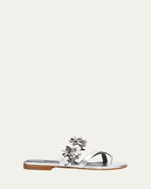 Manolo Blahnik Fiosa Leather Flat Sandals - Silver